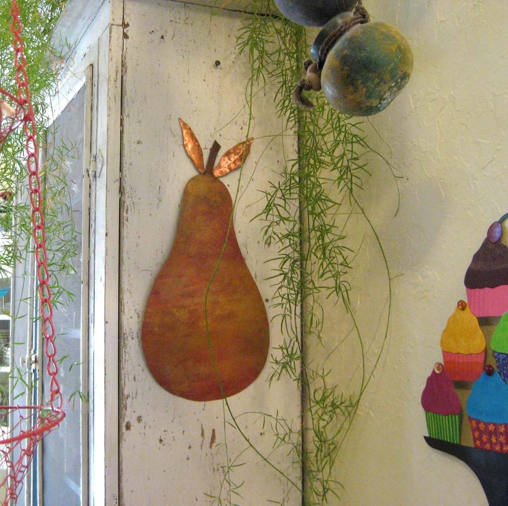 Metal Pear Wall Art Sculpture In Yellow Orange Hand Painted | Maker ...